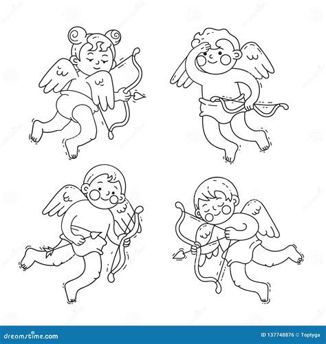 Set Of Cute Cartoon Cupids For Valentine`s Day Or Wedding Stock Vector