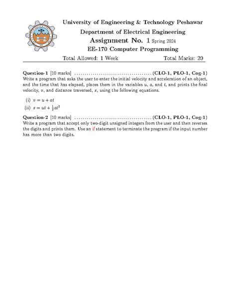assignment no 01 university of engineering and technology peshawar