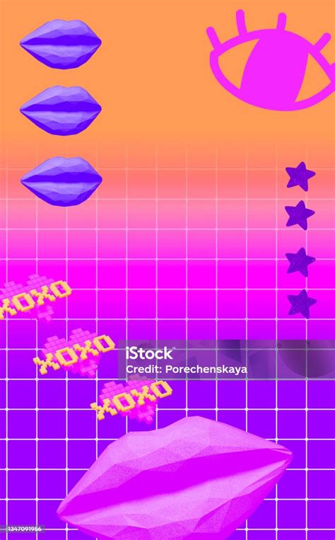 3d 렌더링 패션 진 콜라주 벽지 증기 파 공간에서 미니 개체를 사랑 트렌디 한 수직 배경 발렌타인 데이 파티 숍 축하 생일 컨셉 기하에 대한 스톡 사진 및 기타 이미지