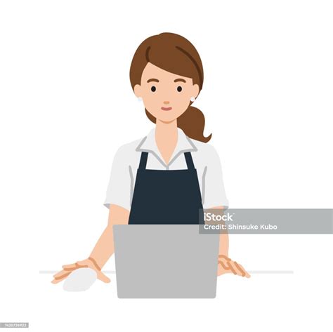 그녀의 책상에서 노트북 컴퓨터를 사용하여 카페 앞치마에 여자 20 24세에 대한 스톡 벡터 아트 및 기타 이미지 20 24세