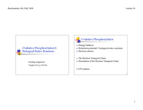 Oxidative Phosphorylation I Biological Redox Reactions Bioc 440