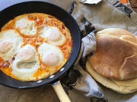 Assyrian Breakfast Eggs And Tomatoes With Fresh Pita Bread