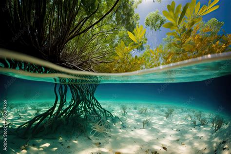 Underwater Photograph Of A Mangrove Forest With Flooded Trees Based On Generative Ai Stock
