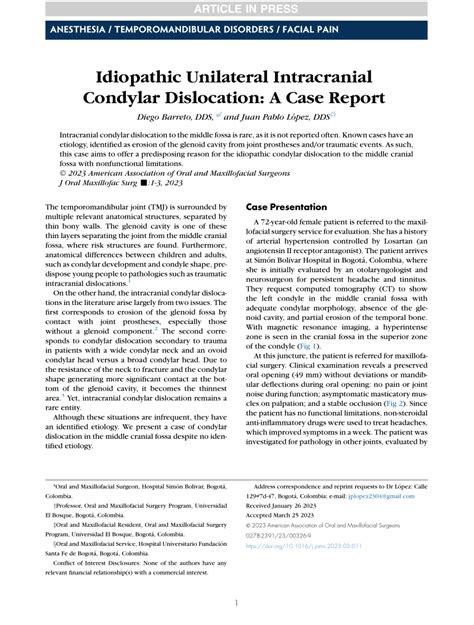 Pdf Idiopathic Unilateral Intracranial Condylar Dislocation A Case