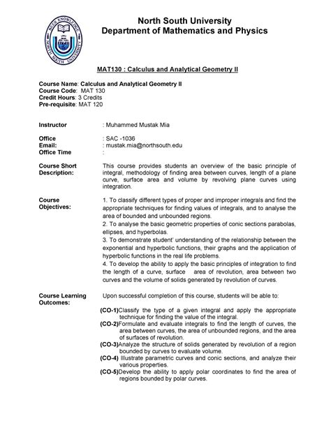Mat Course Outline North South University Department Of
