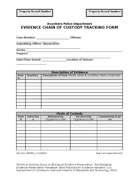Sample Chain Of Custody Form Anywhere Police Department Evidence