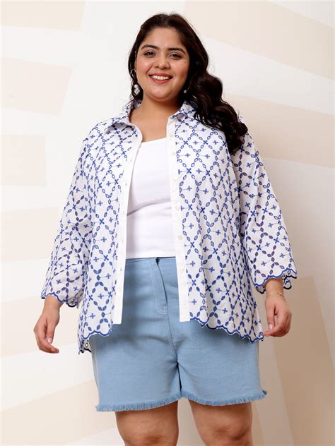 Athena Ample Plus Size Floral Schiffli Cotton Casual Shirt Athena
