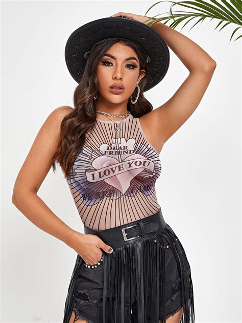 Shein Sxy Letter Graphic Sheer Mesh Tank Top Shein Usa