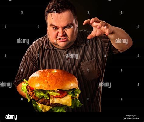 Fat Man Eating Fast Food Hamberger Breakfast For Overweight Person