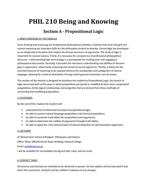 2023 Propositional Logic Outline Phil 210 Being And Knowing Section A Propositional Logic 1
