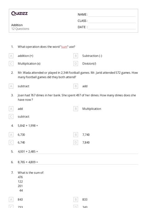 50 Addition Within 5 Worksheets For 5th Grade On Quizizz Free