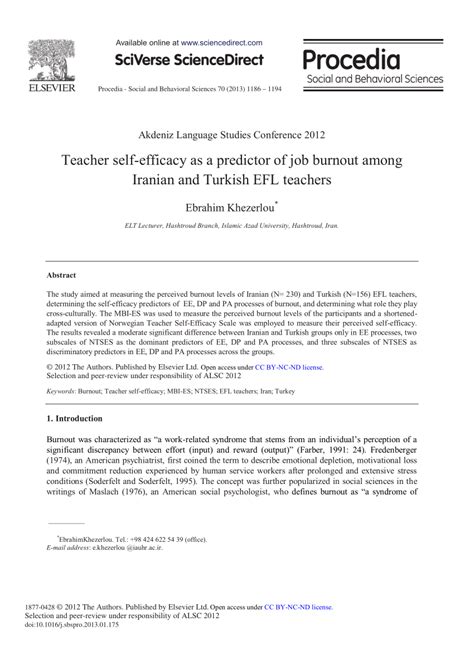 Pdf Teacher Self Efficacy As A Predictor Of Job Burnout Among Iranian And Turkish Efl Teachers