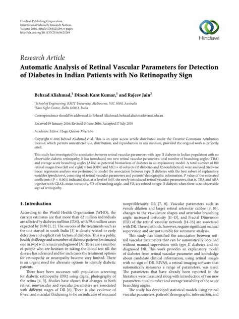 Pdf Automatic Analysis Of Retinal Vascular Parameters For Detection Of Diabetes In Indian
