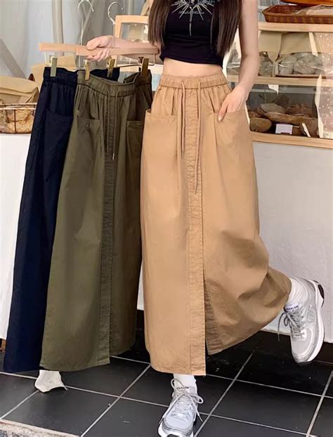 더블제이 24fw 신상 하이웨스트 카고 롱 스커트 코디 허리밴딩 3color Sml Size 앞 오픈 포인트 면 Sk 블랙 카키 그린 베이지 컬러 일상 데일리 힙한