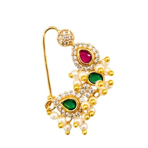 Traditional Maharashtrian Nath With Pearl Green And Pink Stone Bridal