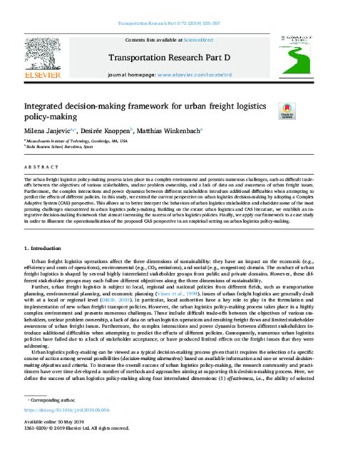 Pdf Integrated Decision Making Framework For Urban Freight Logistics