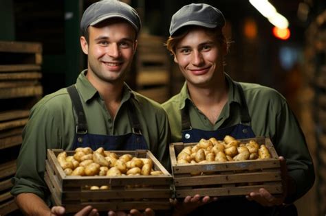 Premium Photo Smiling Men In Uniform Holding Crates Of Potatoes At