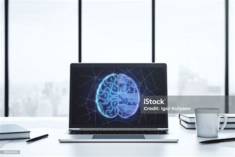 현대 노트북 화면에 인간의 뇌 홀로그램 창조적 인 인공 지능 개념 3d 렌더링 추상적인에 대한 스톡 사진 및 기타 이미지