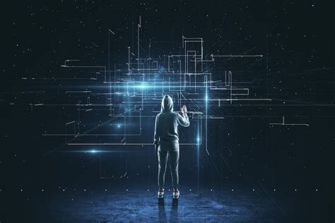Premium Photo Back View Of Hacker Using Abstract Glowing Lines