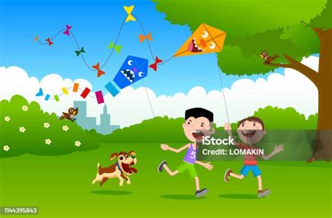ภาพประกอบเวกเตอร์ของเด็กมีความสุขเล่นในสนามเด็กเล่น เด็กผู้ชายสองคนเล่นกับว่าวในสวนสาธ ภาพประกอบ