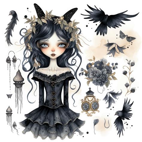 Premium Photo Watercolour Whimsical Goth Whimsy Goth Clipart Cute Girl