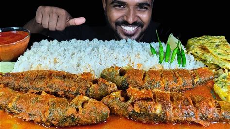 Eating Spicy Whole Fish Curry Egg Omelette Rice Salad Chilli
