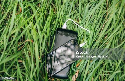 스마트 폰과 블랙 파워 뱅크는 녹색 잔디에 Usb로 누워 있다 현대 정보 기술 사진 배터리 충전기 여름 자연에서 휴대 전화와 함께 여행 Usb 케이블에 대한 스톡 사진 및