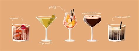 Premium Vector Vector Illustration Of Popular Drinks In Different Types Of Glasses