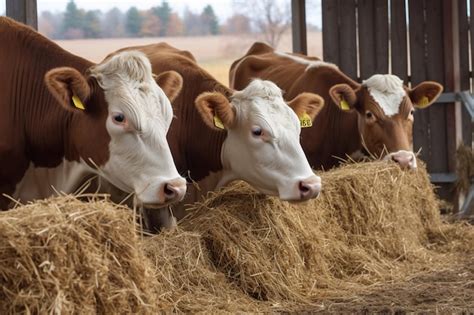 Premium Photo Cows Eating Hay On Farm