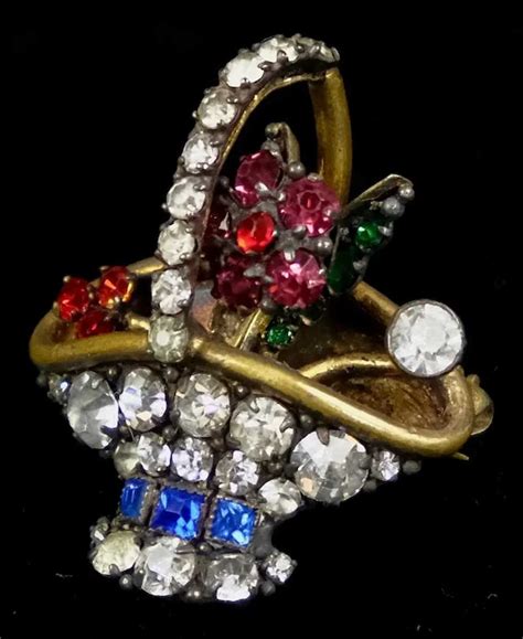 Rare Czech Small Paste Basket Of Flowers Pin Gem