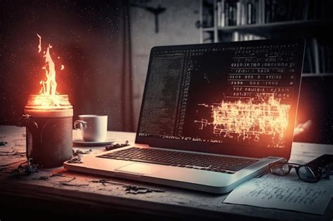 Premium Ai Image Ai Generated Hacker Laptop With Fire Binary Computer Code Internet And