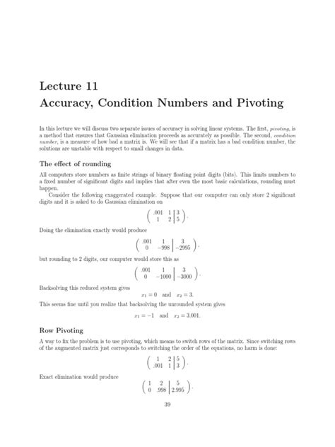 Accuracy Condition Numbers And Pivoting The Effect Of Rounding Download Free Pdf Matrix