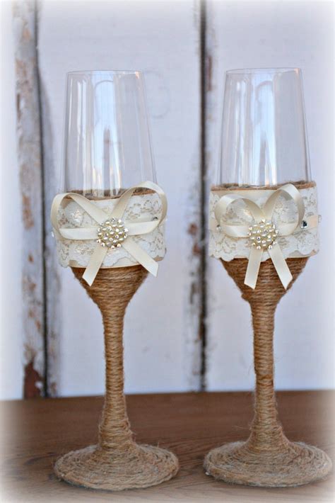 Wedding Champagne Glasses Bride Groom Flutes Toasting Rustic