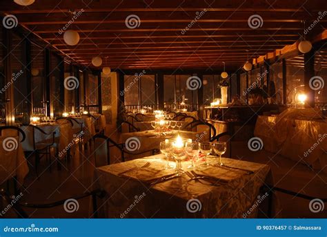 Set Tables Of A Restaurant By Candlelight Stock Image Image Of Indoor