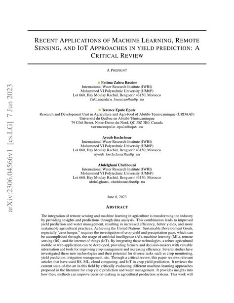 PDF Recent Applications Of Machine Learning Remote Sensing And Iot