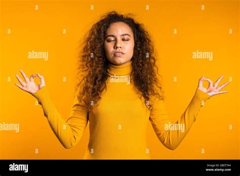 Positive Curly Girl Relaxing Meditating Woman Calms Down Breathes