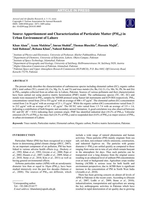 Pdf Source Apportionment And Characterization Of Particulate Matter Pm 10 In Urban