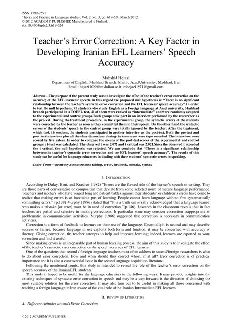 Pdf Teachers Error Correction A Key Factor In Developing Iranian Efl Learners Speech Accuracy
