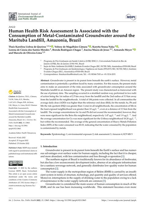 Pdf Human Health Risk Assessment Is Associated With The Consumption Of Metal Contaminated
