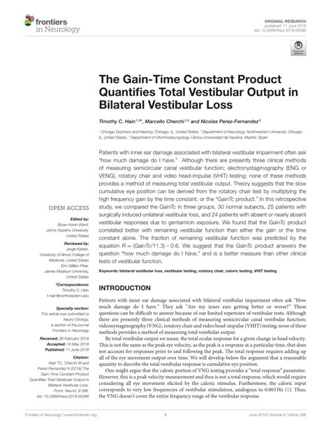 Pdf The Gain Time Constant Product Quantifies Total Vestibular Output