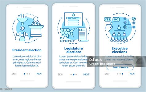 선형 개념의 모바일 앱 페이지 화면에 온보딩하는 선거 대통령 입법부 행정부 선거 세 가지 연습 그래픽 지침 Ux Ui 그림이 있는 Gui 벡터 템플릿 3에 대한 스톡 벡터