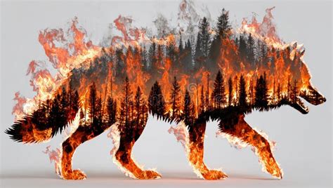A Wolf And A Forest Fire Are Superimposed On A White Background