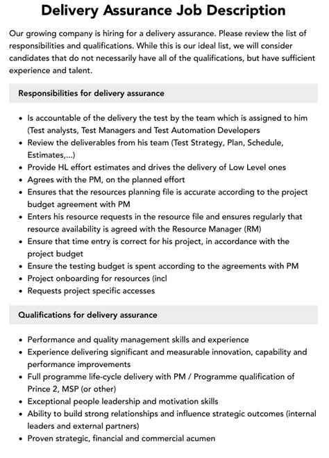 Delivery Assurance Job Description Velvet Jobs