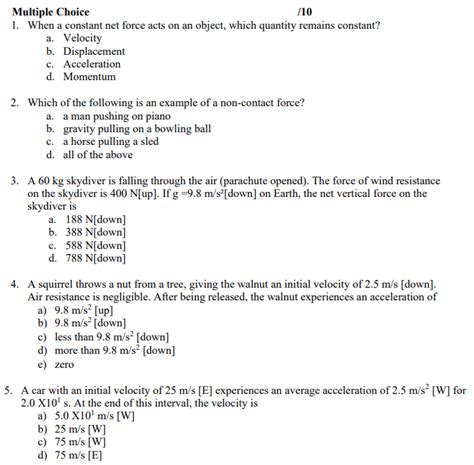 solved multiple choice 10 1 when a constant net force acts