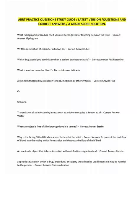 ARRT PRACTICE QUESTIONS STUDY GUIDE LATEST VERSION QUESTIONS AND CORRECT ANSWERS A GRADE