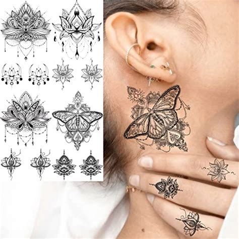 Egmbgm 15 Sheets Sexy Black Lotus Temporary Tattoos For Women Fake