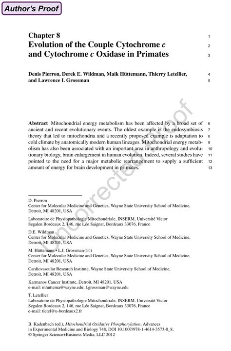 Pdf Evolution Of The Couple Cytochrome C And Cytochrome C Oxidase In