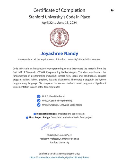 Thrilled To Earn The Certificate Of Completion In Python From Stanford