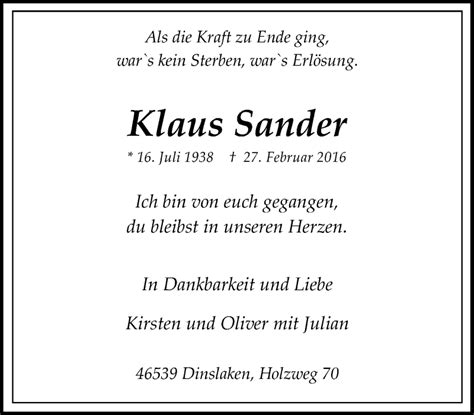 Traueranzeigen Von Klaus Sander Trauer In NRW De