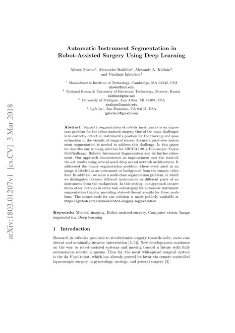 Pdf Automatic Instrument Segmentation In Robot Assisted Surgery Using Deep Learning